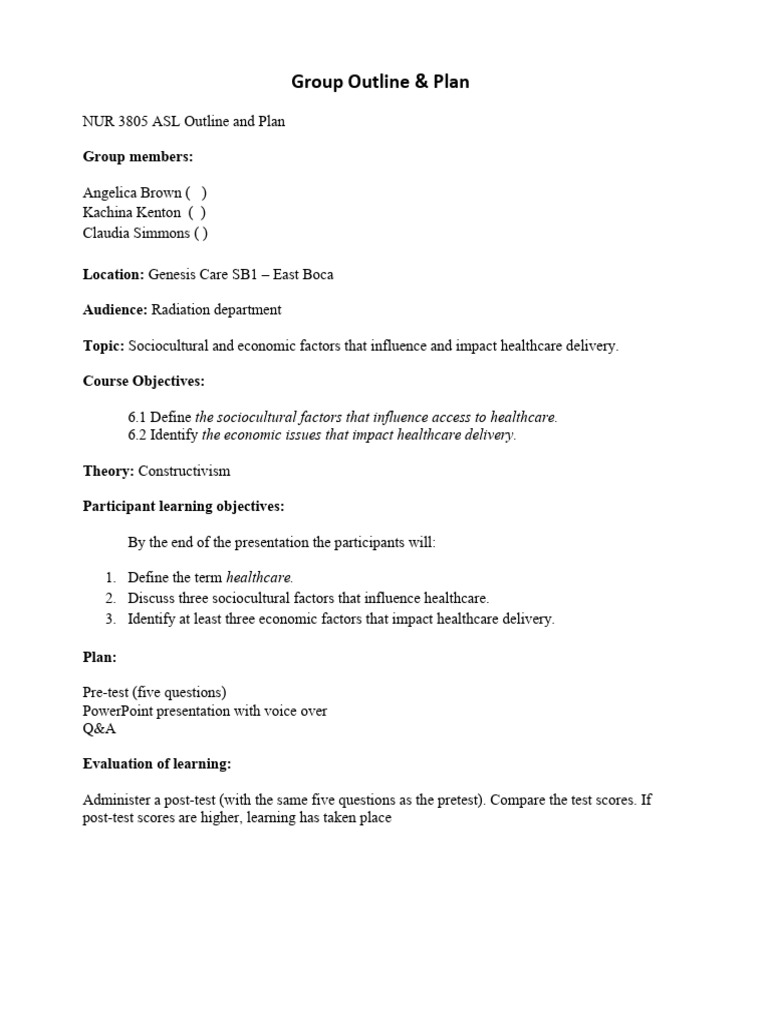 NUR3805 ASL Objectives and Plan | PDF