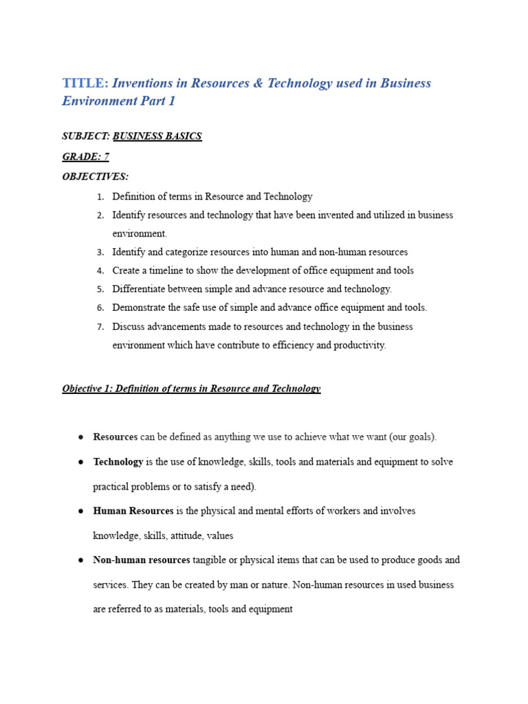 Resource and Technology Notes | PDF | Resource | Tools