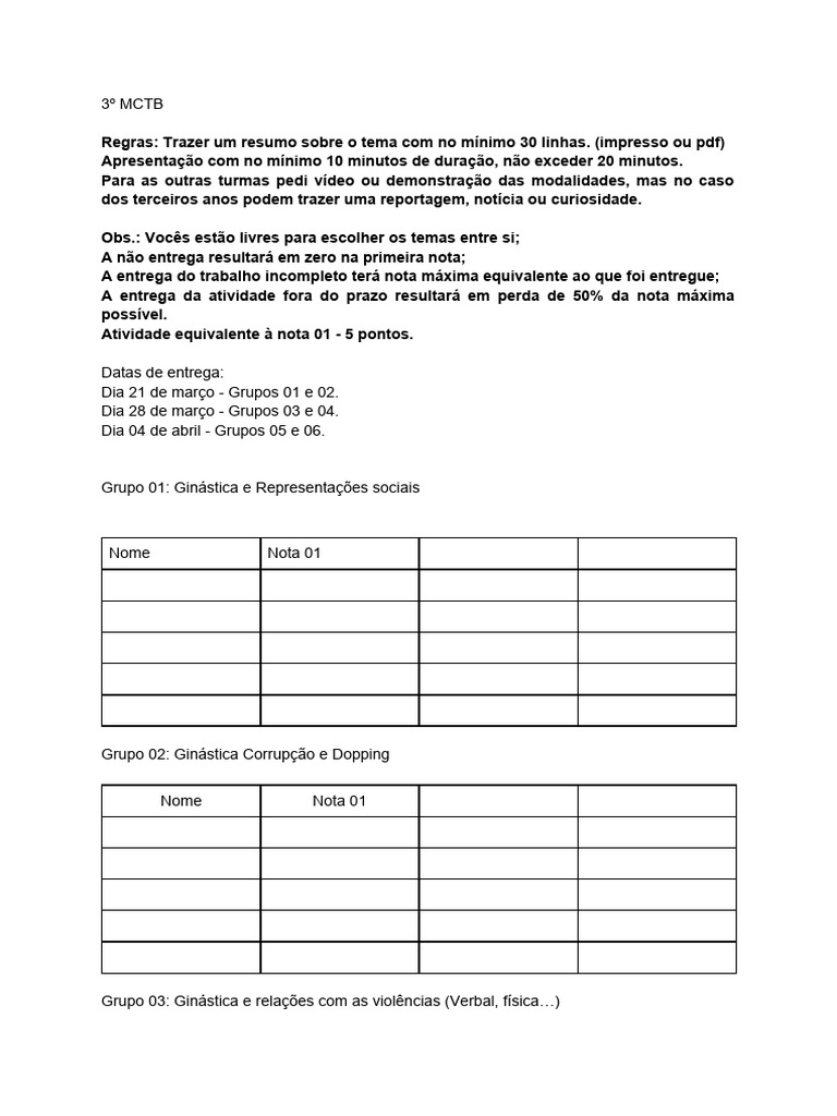 Grupos 3º MCTB - Atividades de E.F. | PDF