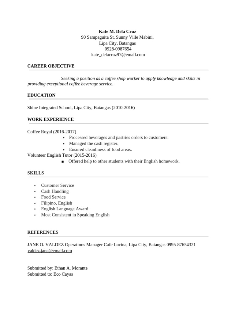 Coffee Shop Worker Resume of Kate Dela Cruz | PDF