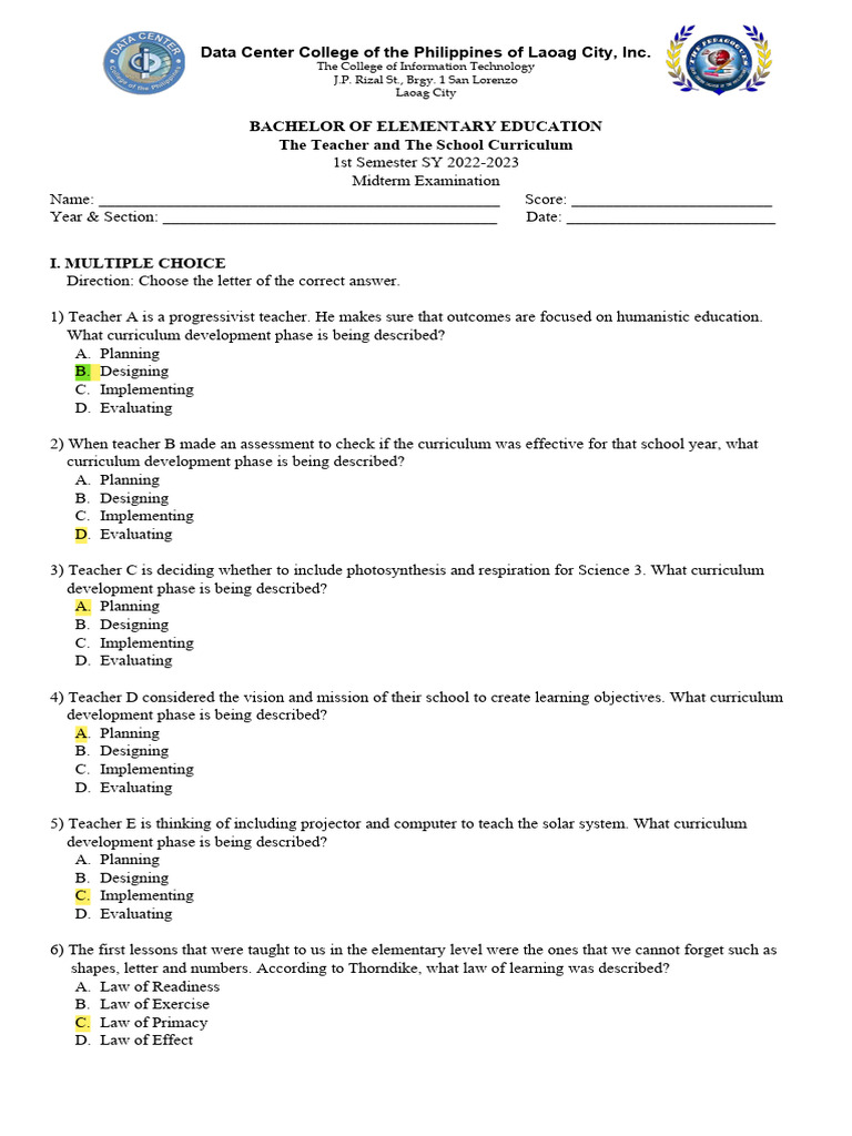 The Teacher and The School Curriculum Midterm Exam | PDF | Curriculum | Behavior Modification