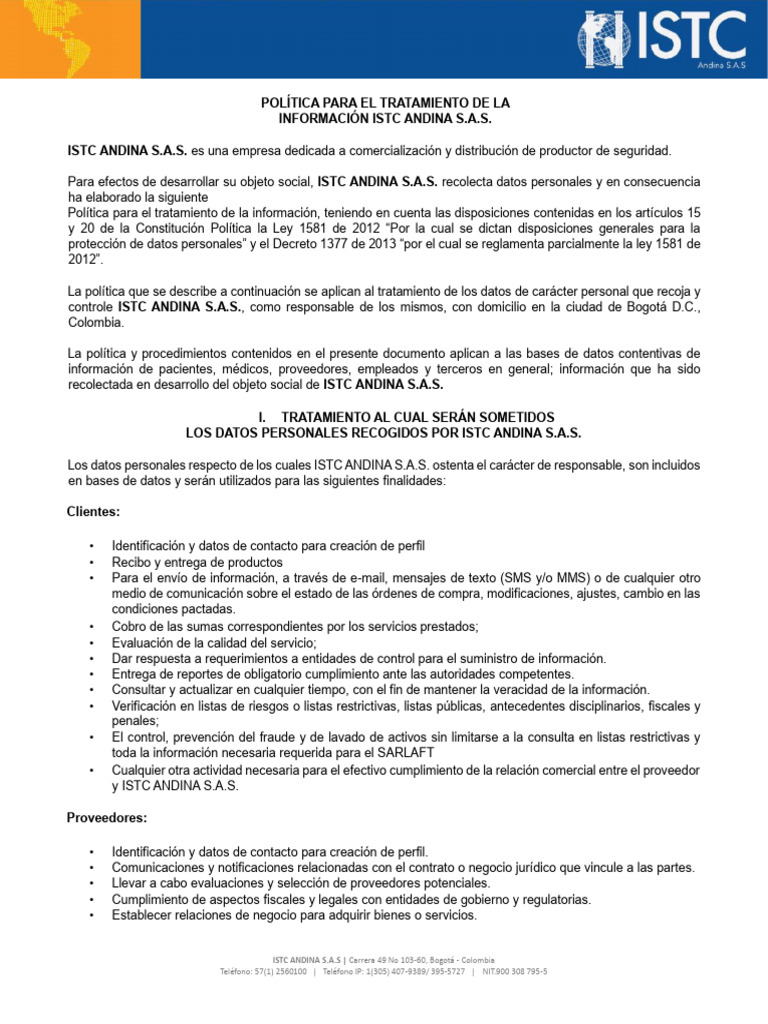 Política de Tratamiento de Datos ISTC Andina | PDF | Historial médico ...