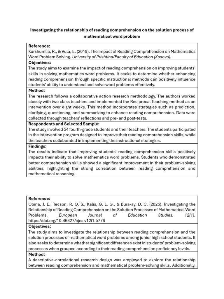 Investigating The Relationship of Reading Comprehension On The Solution Process of Mathematical ...