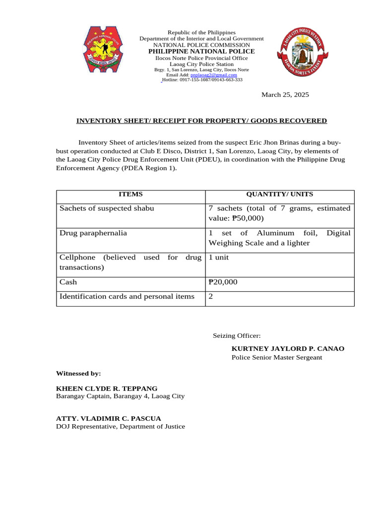 Inventory of Seized Items | PDF