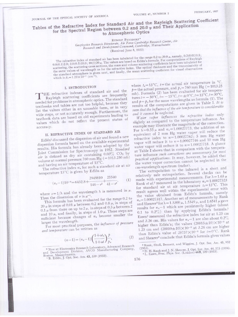 Penndorf R Tables of The Refractive Index For Standard Air and The Rayleigh Scattering ...