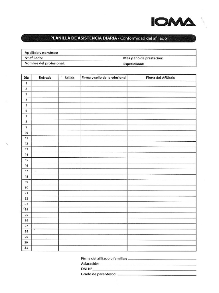 Planilla Asistencia IOMA.123 | PDF