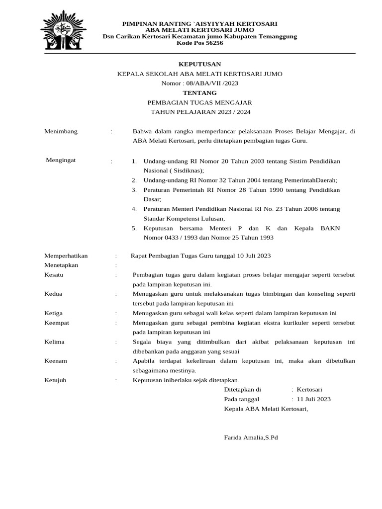 SK Pembagian tugas 15-16 | PDF