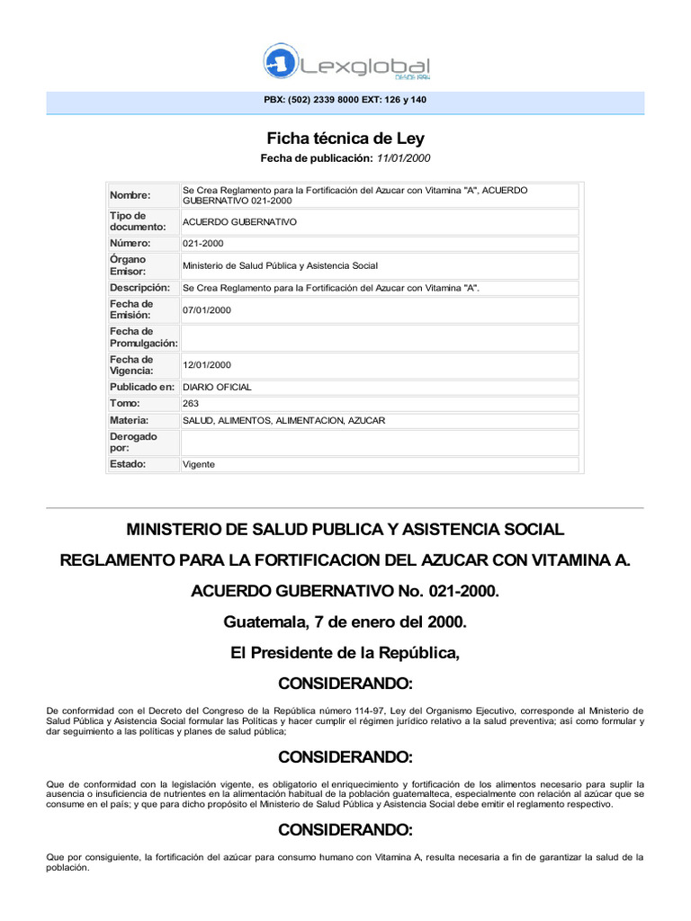 Ley - Se Crea Reglamento para La Fortificación Del Azuca - 11-01-2000 ...