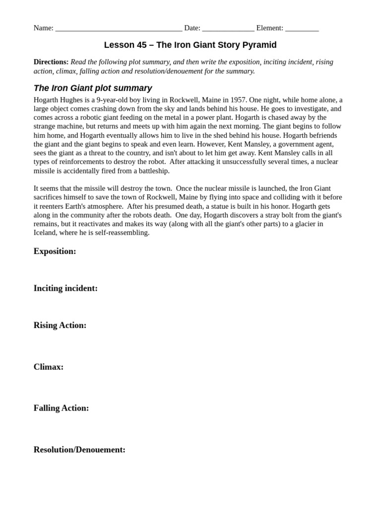 English 5 - Lesson 45 - The Iron Giant Story Pyramid | PDF