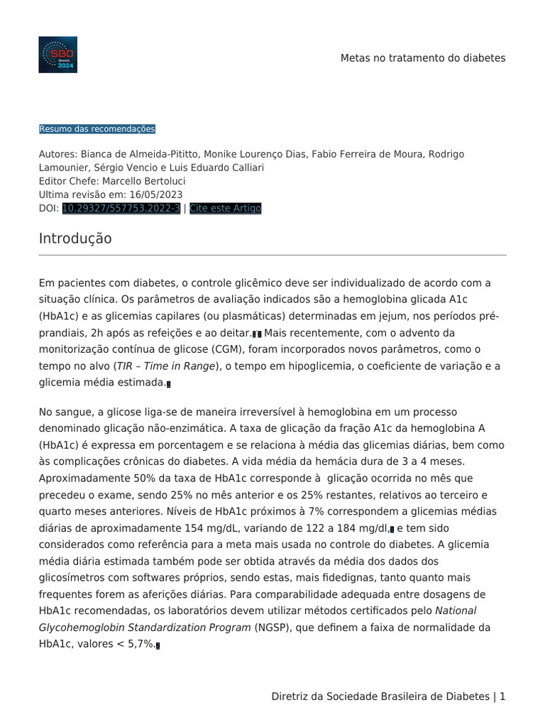 Metas de Controle Glicêmico no Diabetes | PDF | Diabetes | Hemoglobina ...