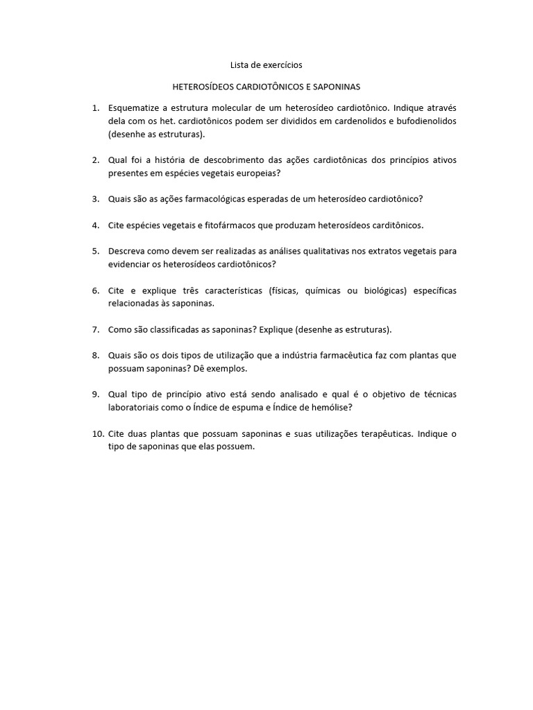 Exercícios - Heterosídeos Carditônicos e Saponinas - 250216 - 163027 | PDF