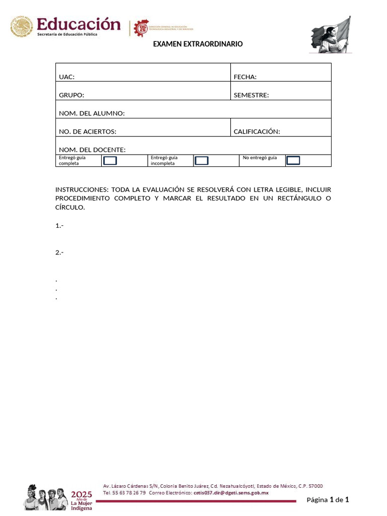 Formato de Examen Extraordinario Secundaria | PDF