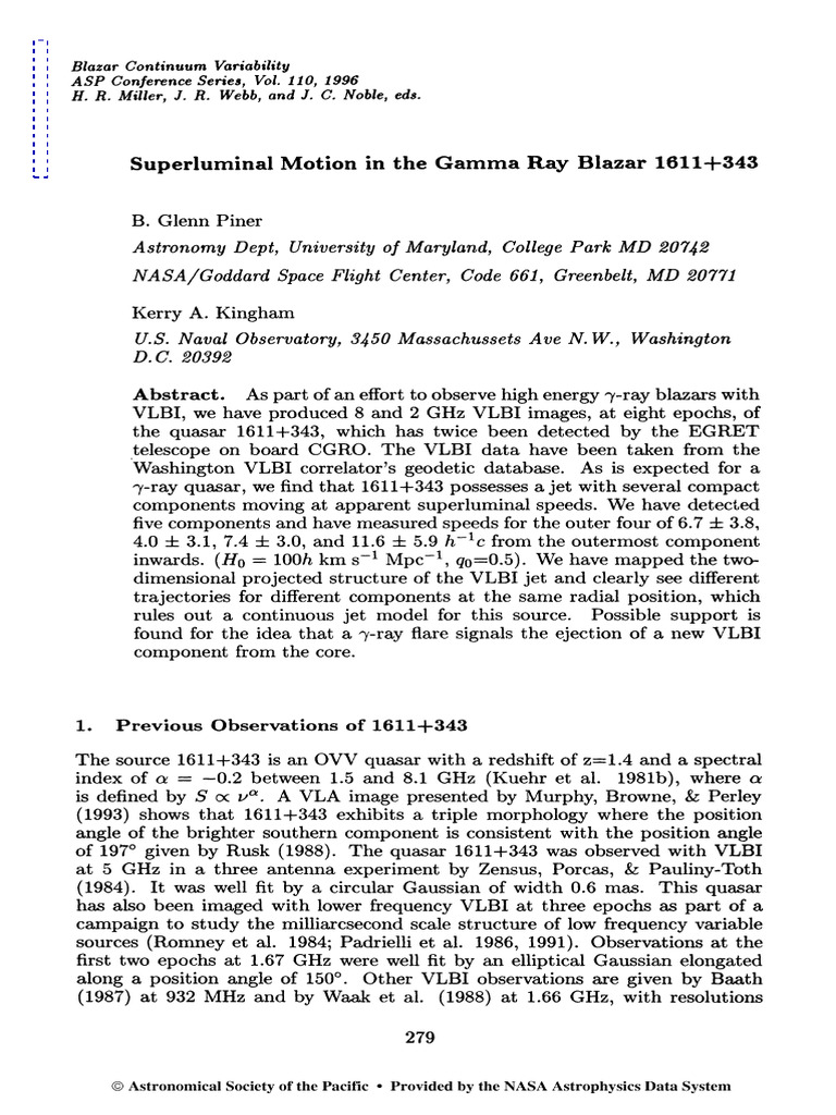 Superluminal Motion in The Gamma Ray Blazar 1611+343 | PDF