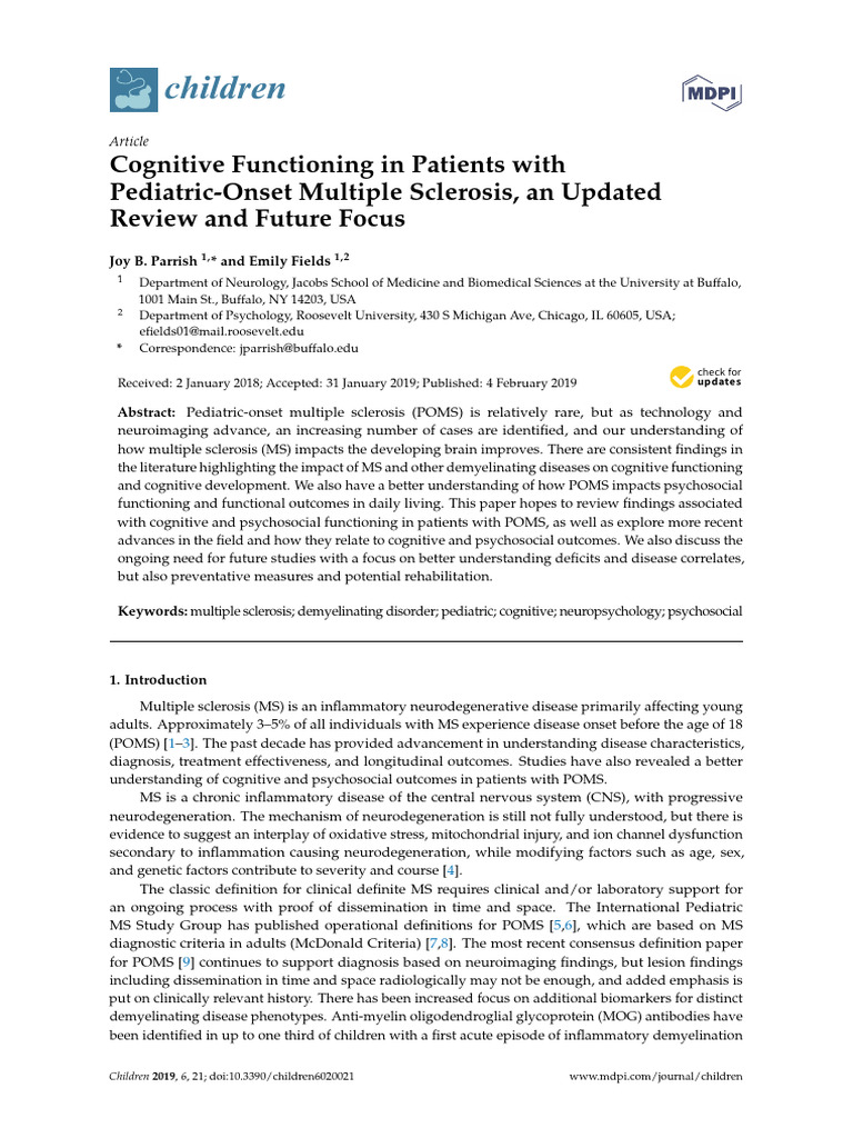 Cognitive Functioning in Patients With Pediatric-Onset Multiple Sclerosis, An Updated Review and ...