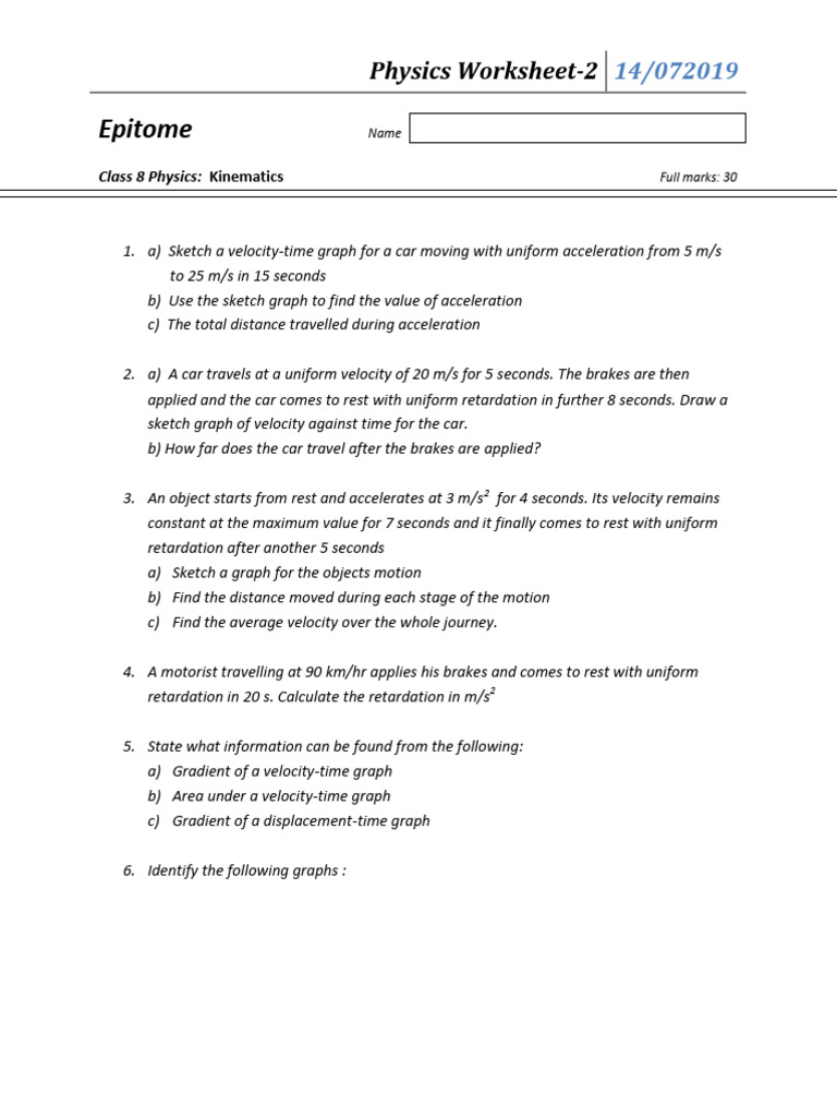 Kinematics Worksheet for Class 8 Physics | PDF