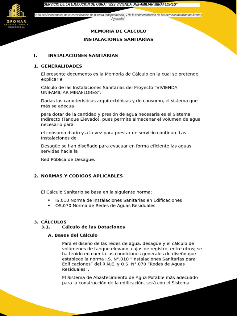 Memoria de Cálculo Iiss Miraflores | PDF | Colector de aguas pluviales | Agua