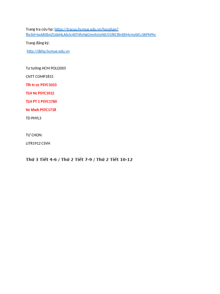 TKB Đăng Ký Hc Phần Năm 2 Hk1 | PDF