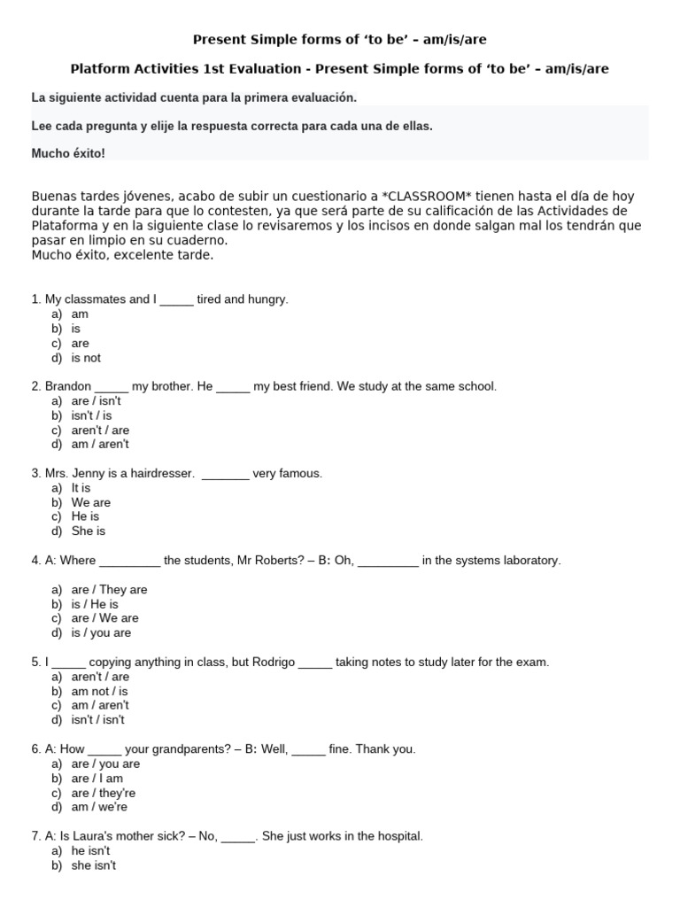 Present Simple "To Be" Quiz | PDF