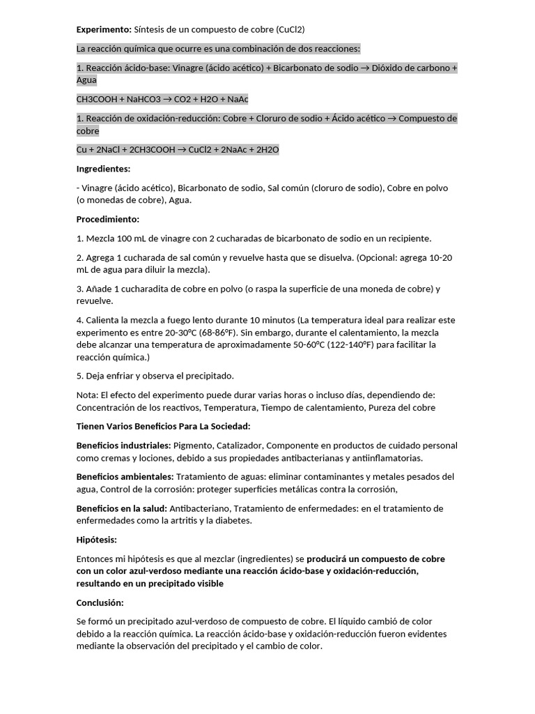 Síntesis de CuCl2: Experimento Químico | PDF