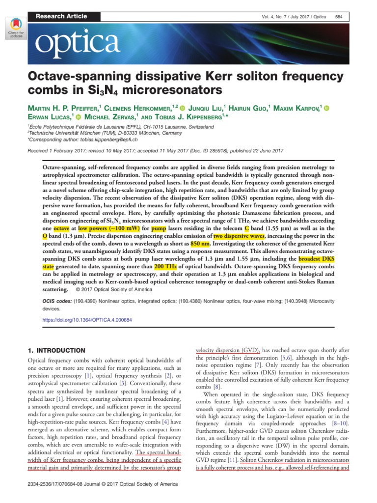 2017optica倍频程单孤子 Octave-spanning dissipative Kerr soliton frequency ...