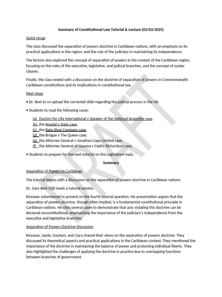 Summary of Constitutional Law Tutorial Lecture 03-03-2025 | PDF ...