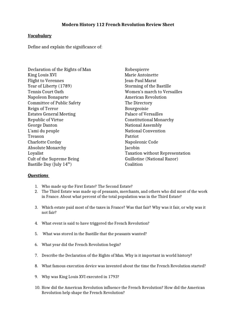 French Revolution Review Sheet | PDF | French Revolution | Maximilien ...