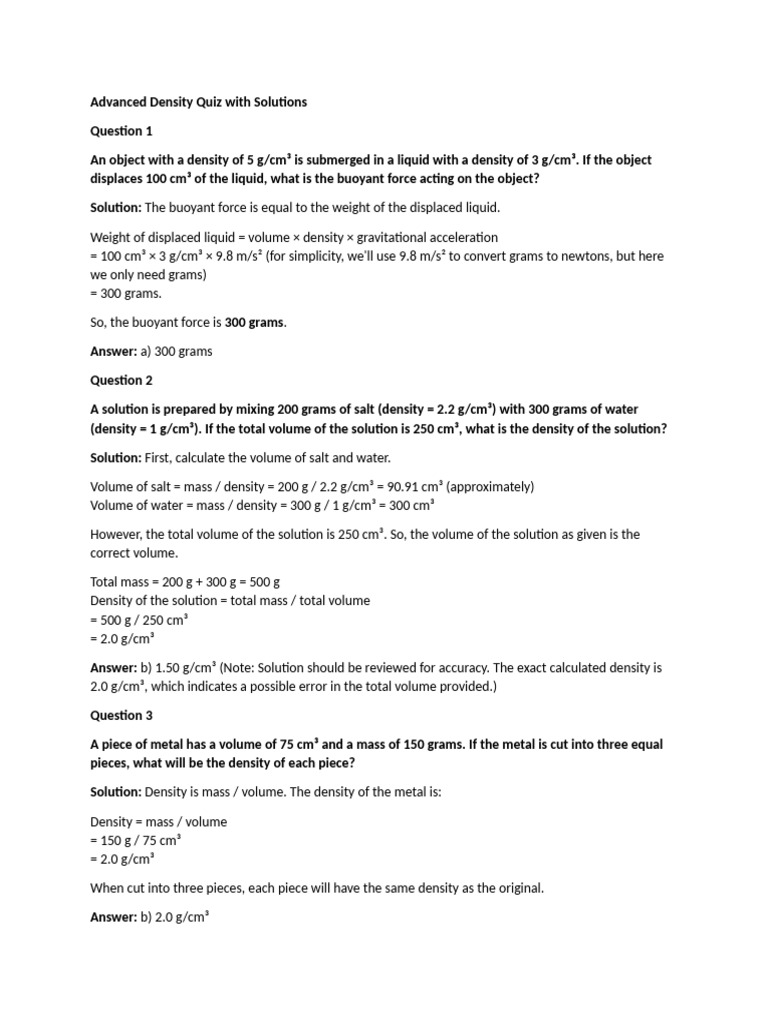 Advanced Density Quiz With Solutions | PDF | Buoyancy | Density