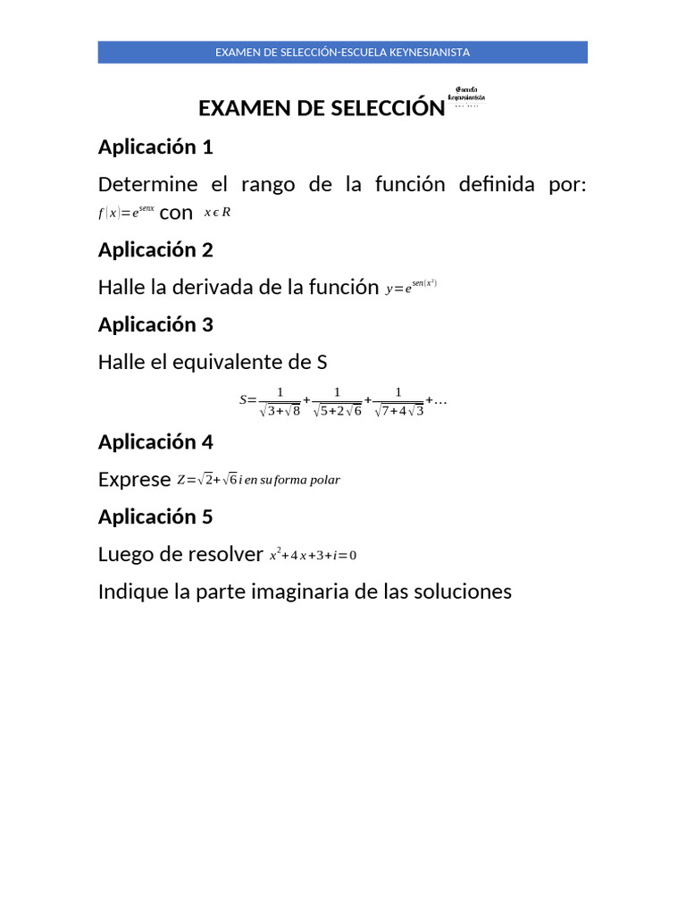 Examen de Selección: Funciones y Derivadas | PDF
