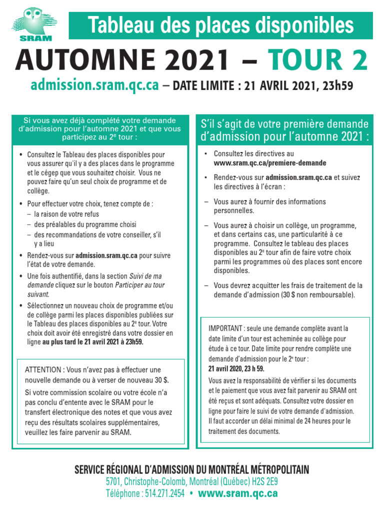 Places Disponibles au SRAM - Tour 2 2021 | PDF | Universités et ...