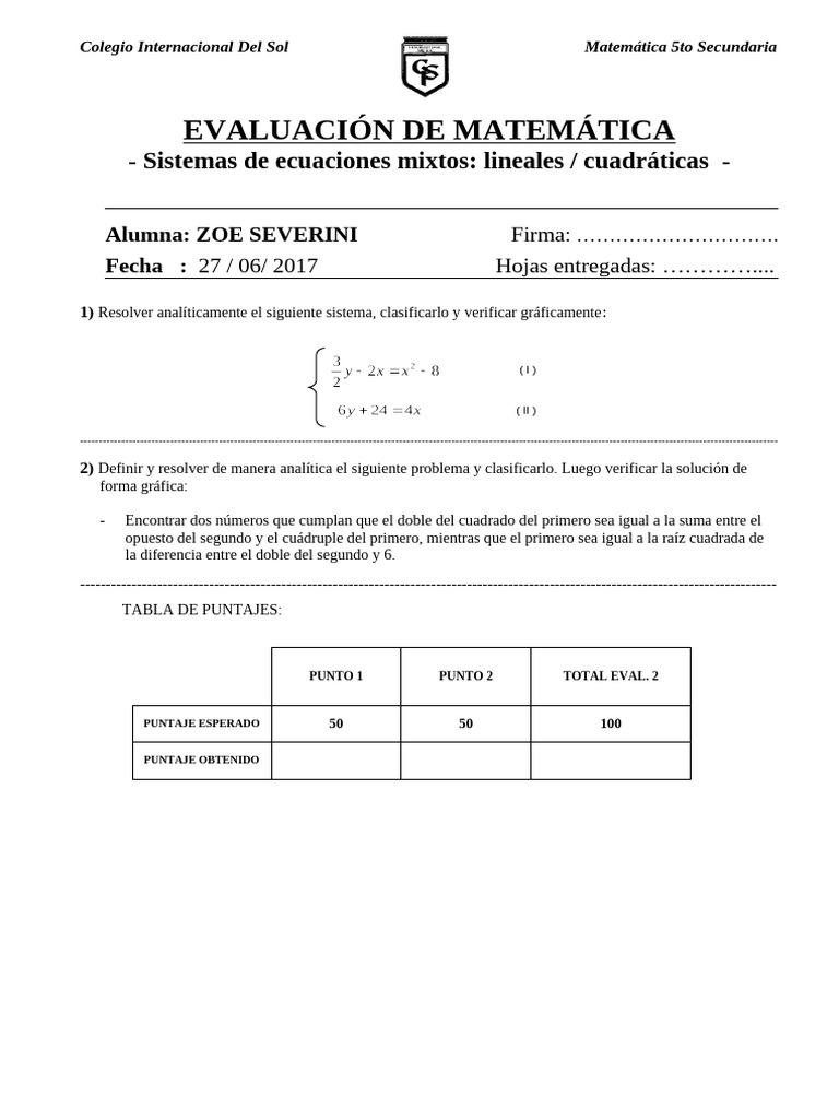 Eval 2-Sistemas de Ecuac Mixtos Lin Cuadrs-ZOE SEVERINI-5º Sec | PDF