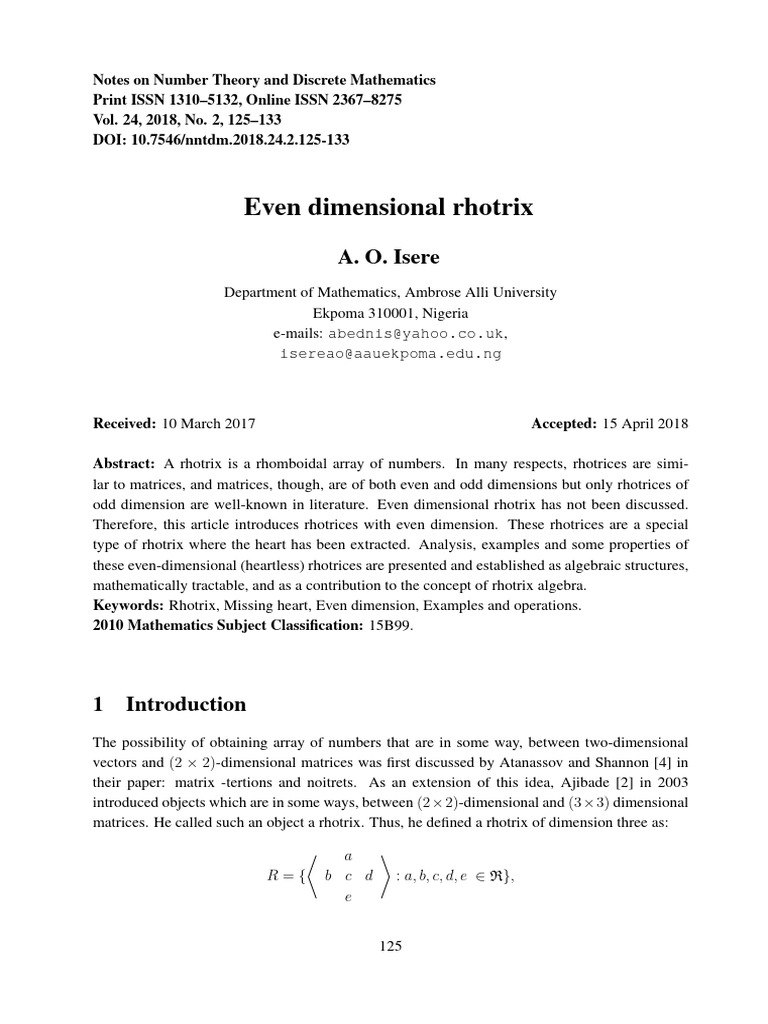 Even Dimensional Rhotrix_024710 | PDF | Matrix (Mathematics) | Mathematics