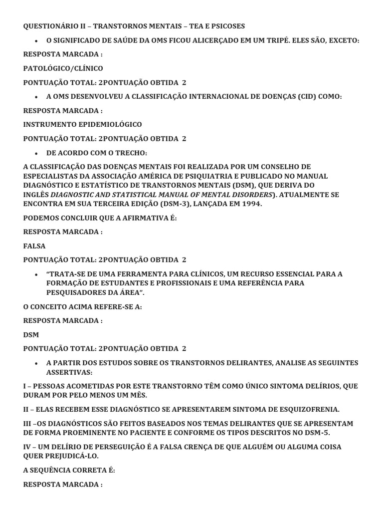 Questionário II - Transtornos Mentais - TEA e PSICOSES | PDF | Ilusão | Manual Diagnóstico e ...