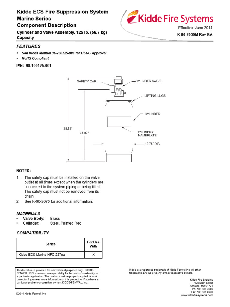Kidde FM-200 Cylinder Specifications | PDF | Valve | Gas Technologies