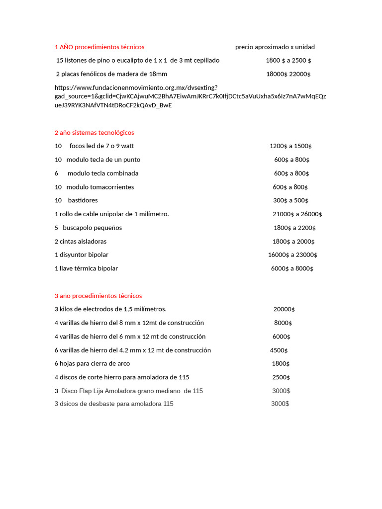 1 AÑO Procedimientos Técnicos Precio Aproximado X Unidad | PDF
