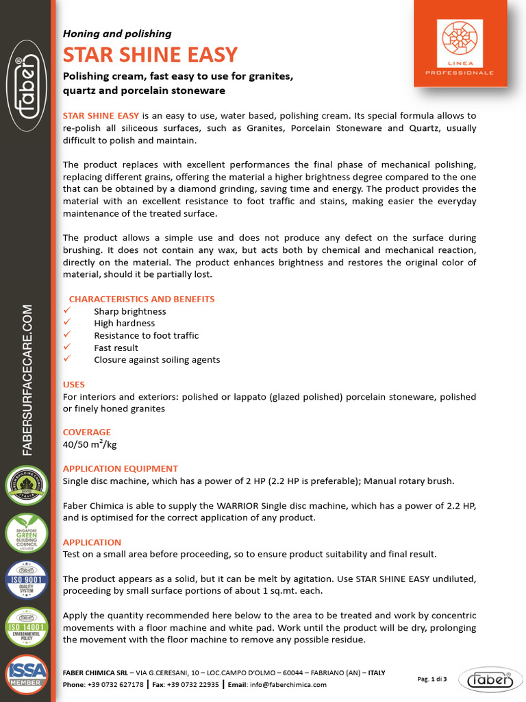 Faber Starshine Easy Polishing Cream MSDS | PDF | Porcelain | Materials