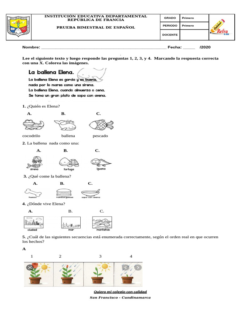 2020 Evaluación de Español Grado 1 Primer Periodo | PDF