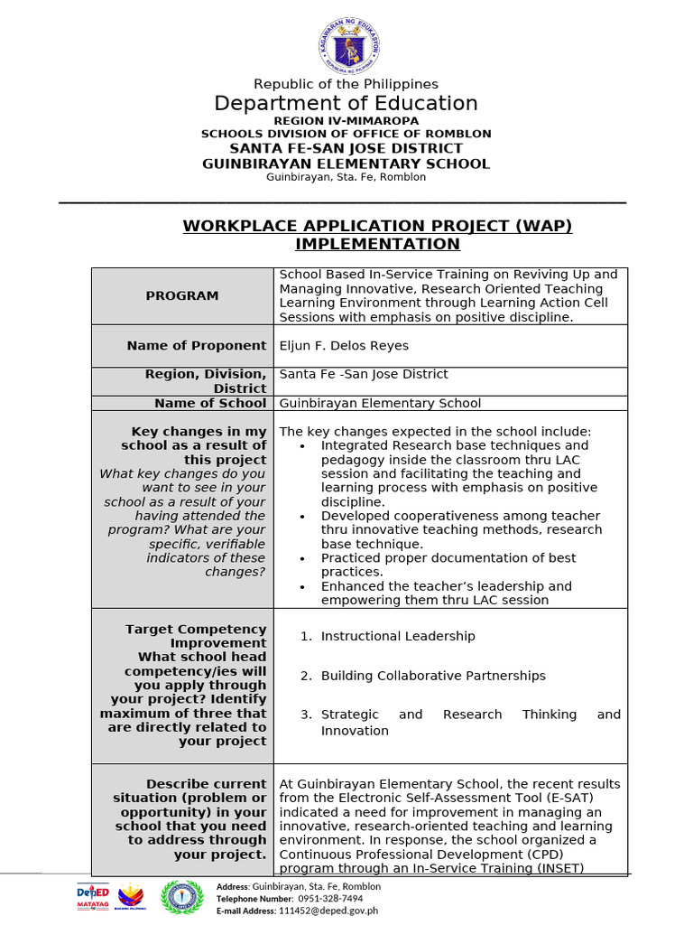 Template B - Application of L & D, Reap, Wap (Implementation Plan) | PDF | Teachers | Teaching ...