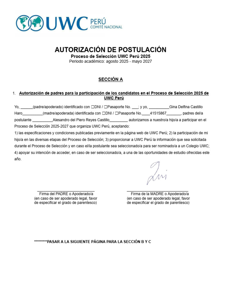 UWC Peru Autorizacin de Postulacin PS2025 1.334899478 | PDF