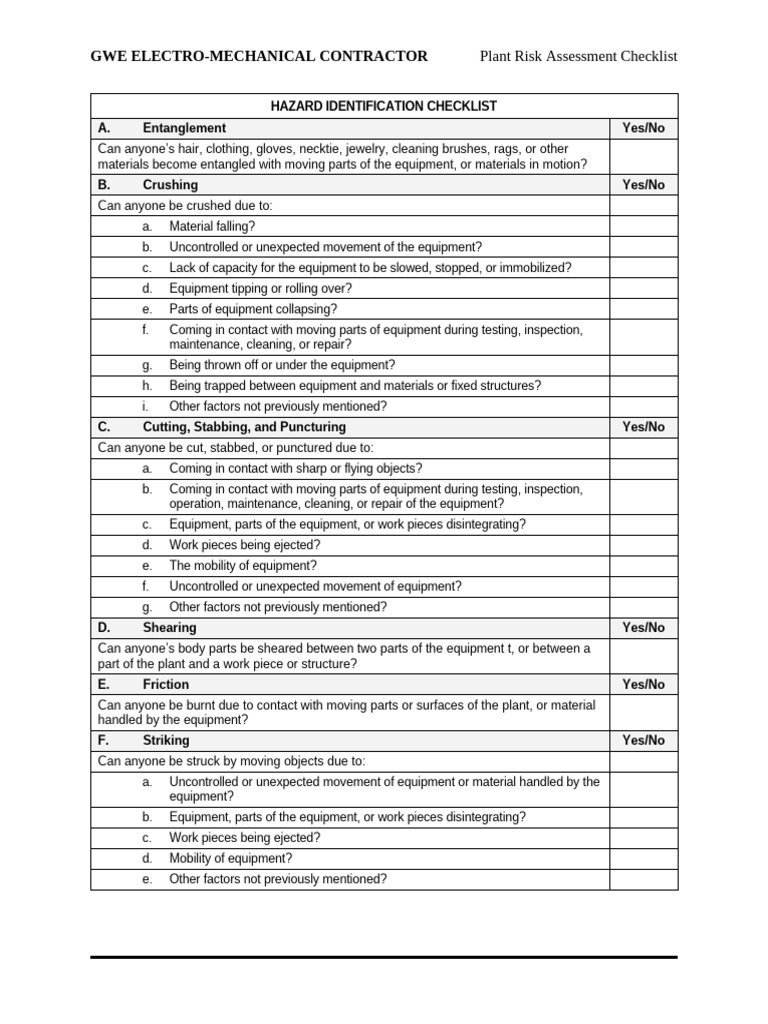 Gwe Plant Risk Assessment Checklist | PDF | Hazards | Safety