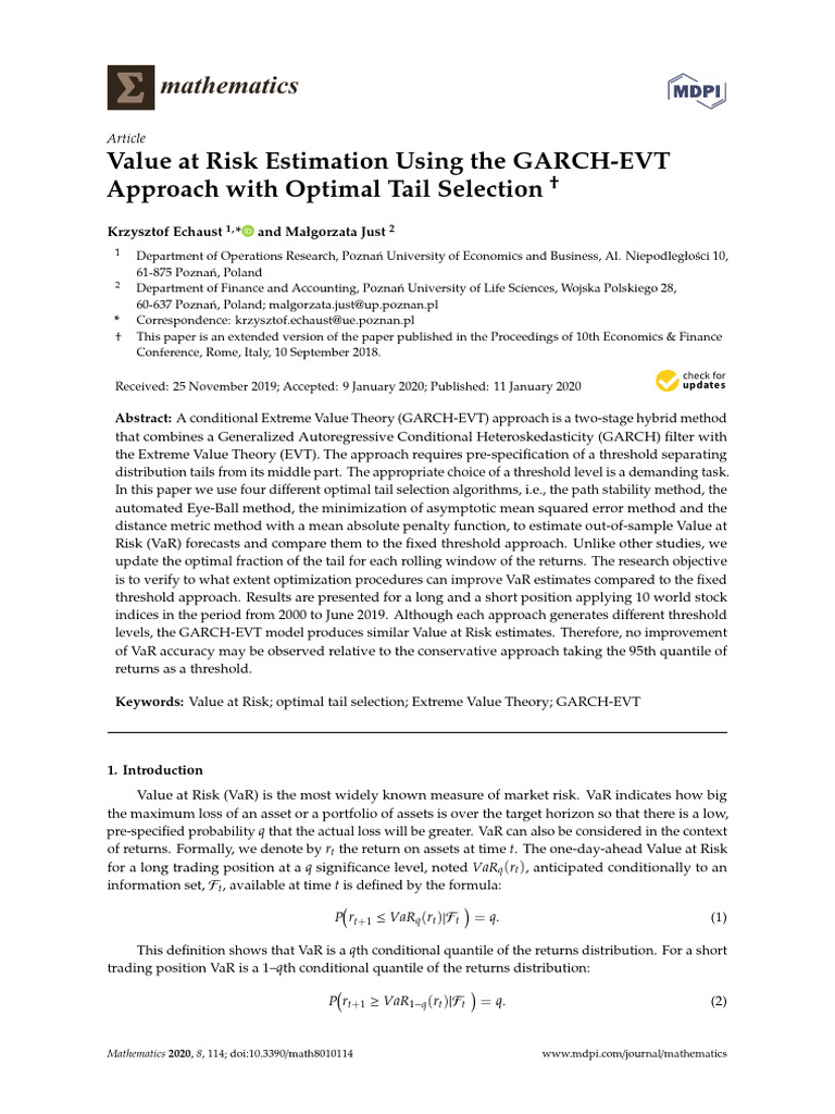 Mathematics 08 00114 v2 | PDF | Value At Risk | Estimator