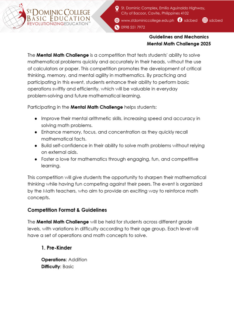 Mental Math Challenge 2025 Guidelines - 2025 | PDF | Mathematics ...