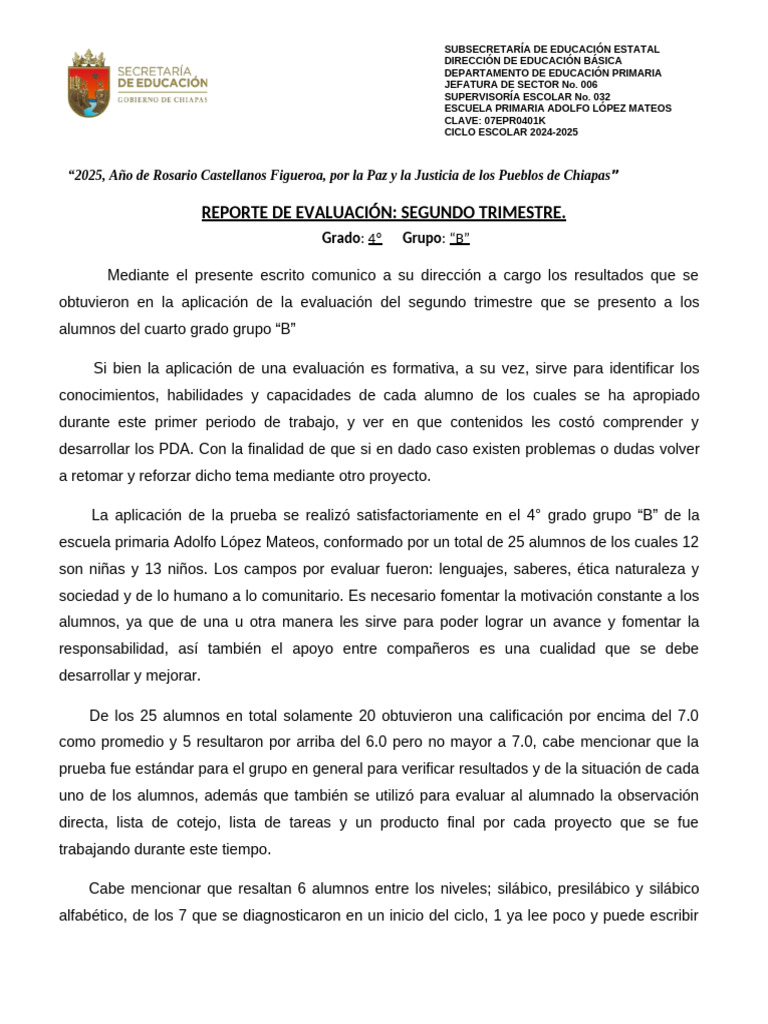 4 reporte de evaluacion ESCRITO | PDF | Educación primaria | Aprendizaje