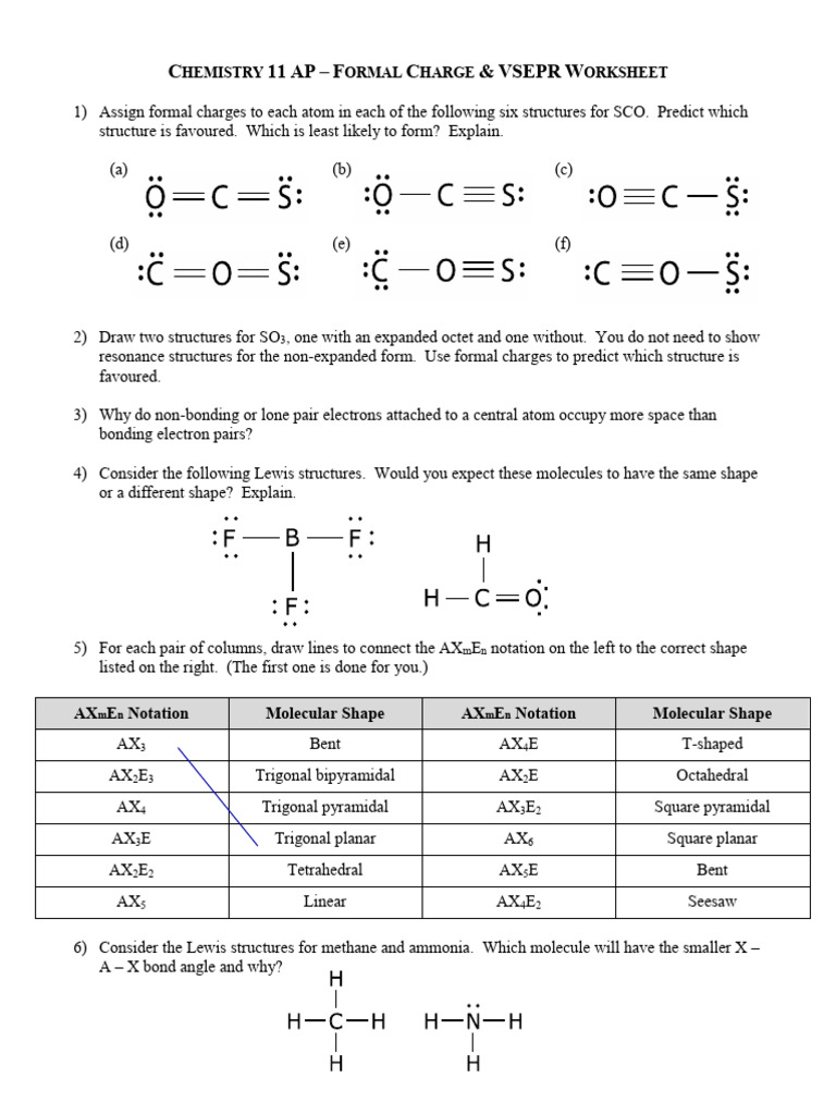Formal Charge VSEPR Worksheet s2x3iw | PDF