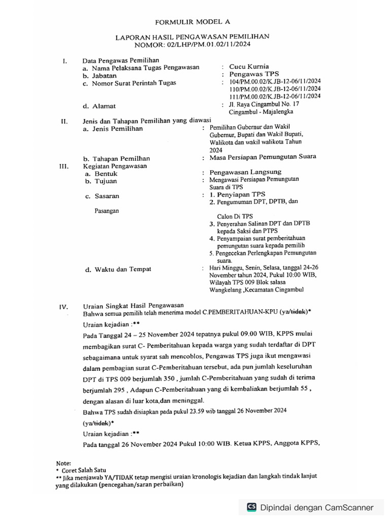 LHP Persiapan Pemungutan Suara TPS 009 | PDF