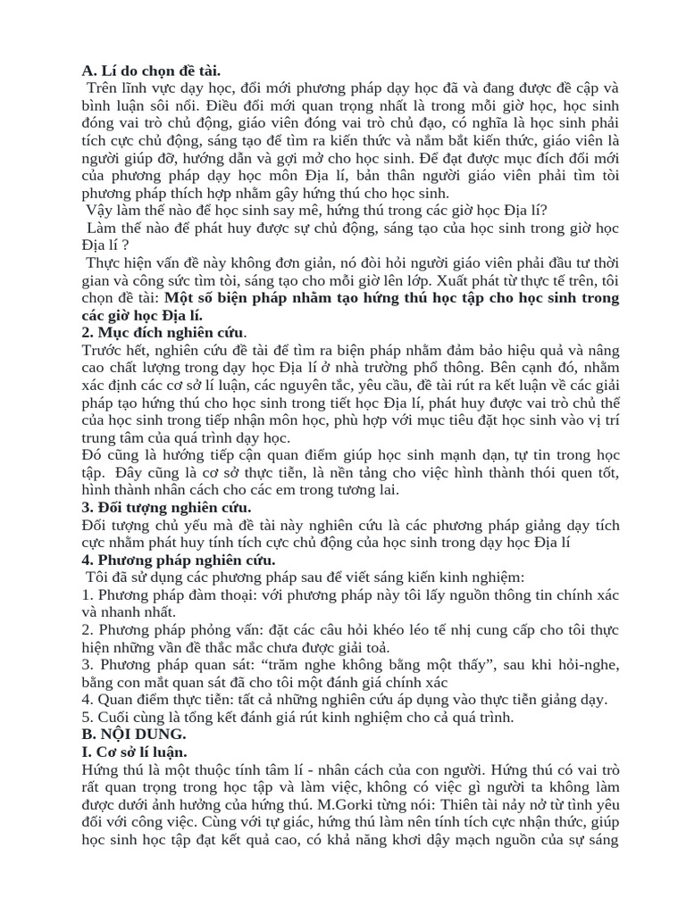 SKKN VỀ HỨNG THÚ HỌC ĐỊA LÍ THCS | PDF