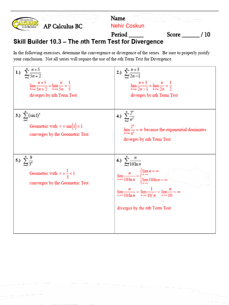AP Calculus BC: Nth Term Test Solutions | PDF | Calculus | Mathematical ...