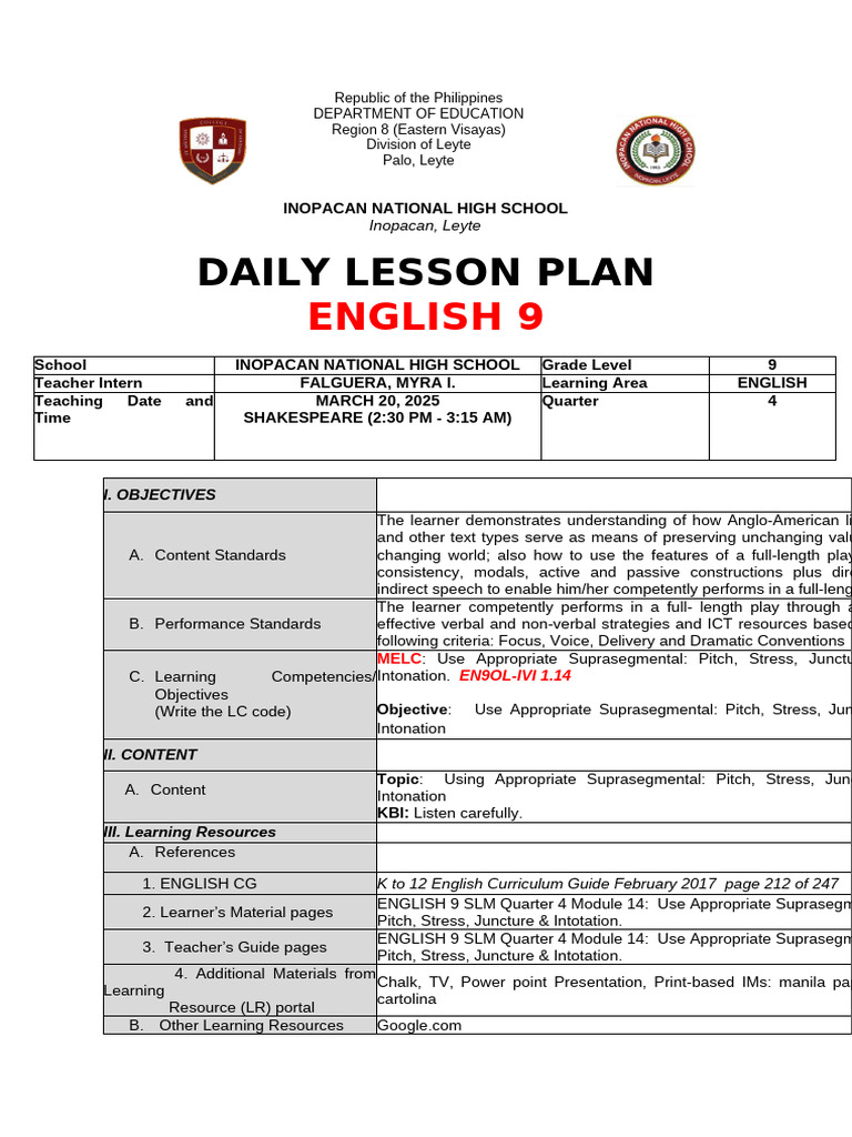 Daily English Lesson Plan for Grade 9 | PDF | Human Communication ...