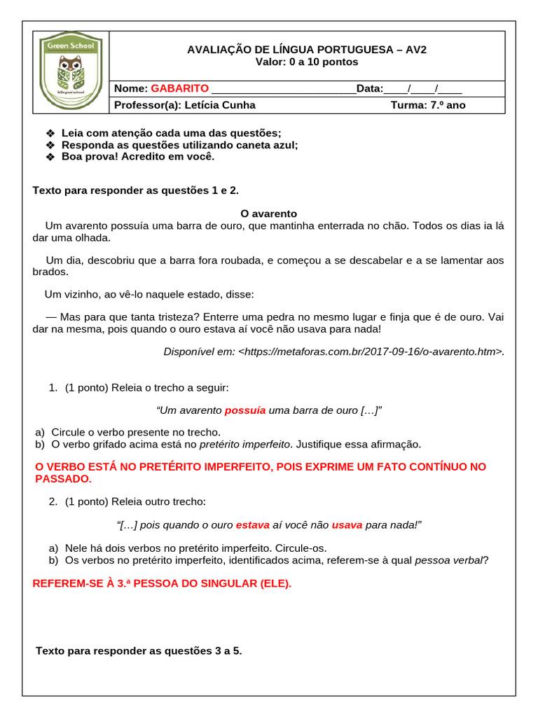 AV2 - Português - 7.º Ano - Gramática - GABARITO | PDF | Tempo