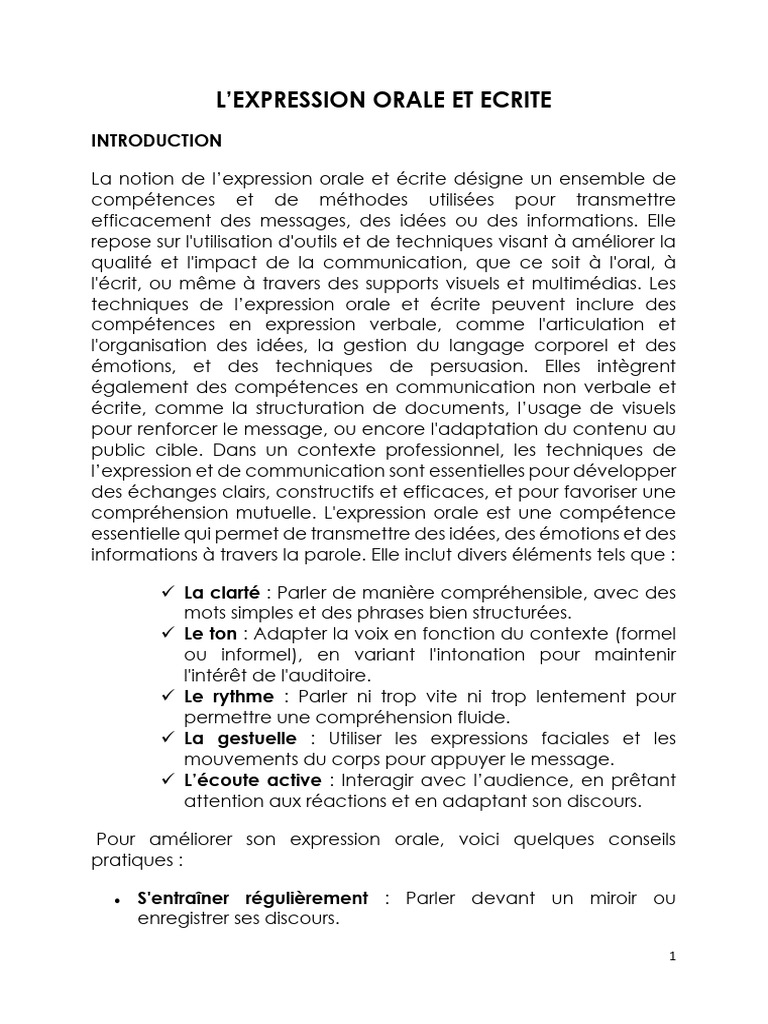 COURS DE L'EXPRESSION ORALE ET ECRITE | PDF | Communication non verbale ...