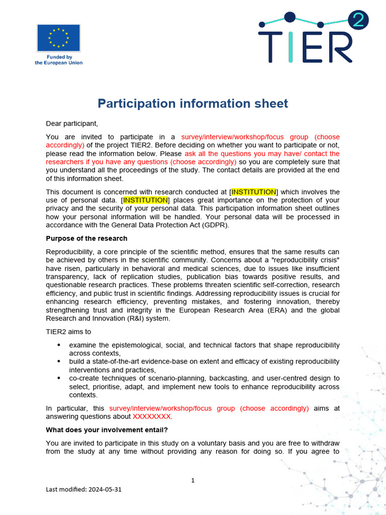 TIER2 Participant Information & Informed Consent Template | PDF | Focus Group | Privacy